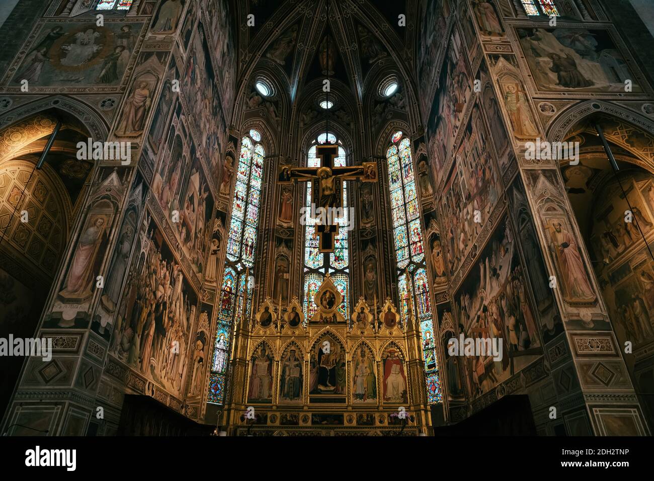 Florence, Italy - June 24, 2018: Panoramic view of interior of Basilica ...