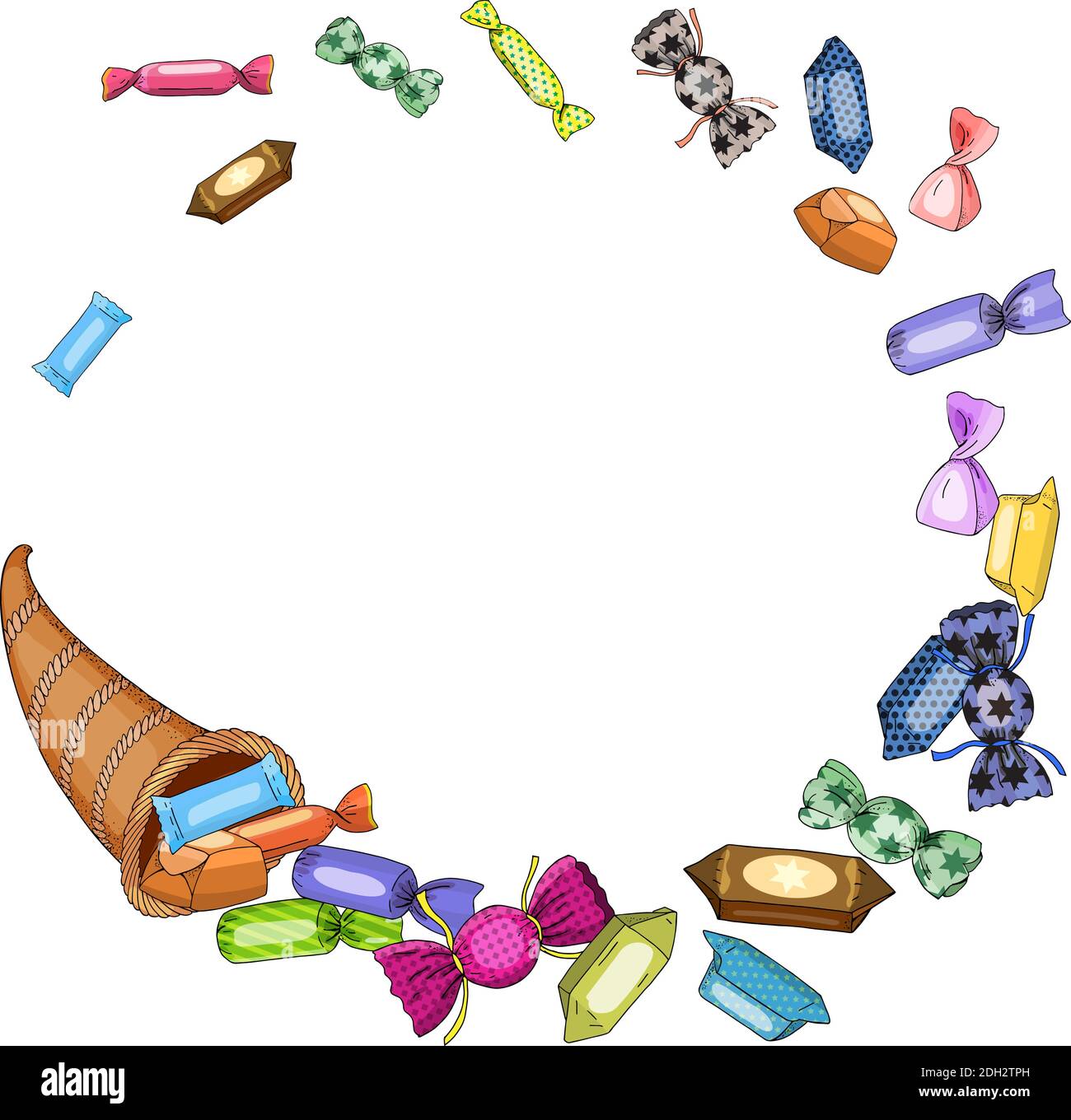 Sweets template with cornicopia and sweets. Colorful candy vector ...