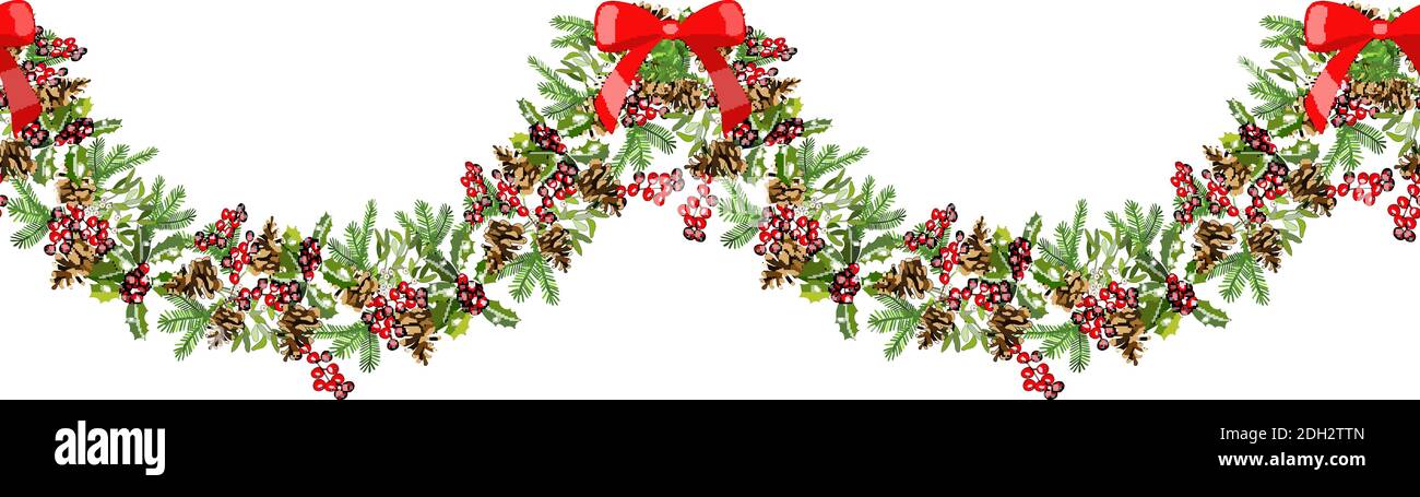 Vector festive endless garland whith cone, branch, poinsettia isolated ...