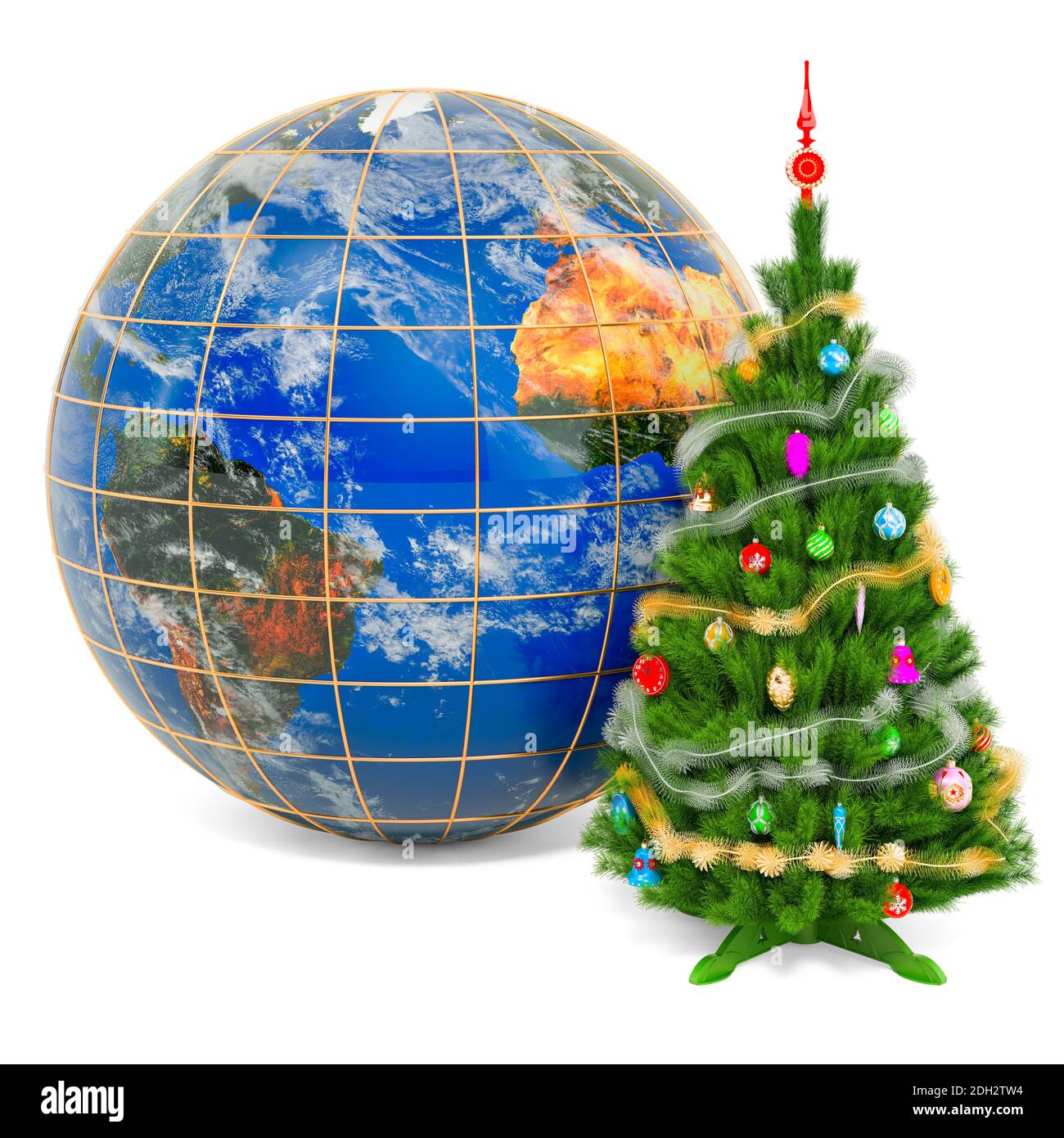 Earth Globe with Christmas Tree. Global Christmas and New Year concept ...