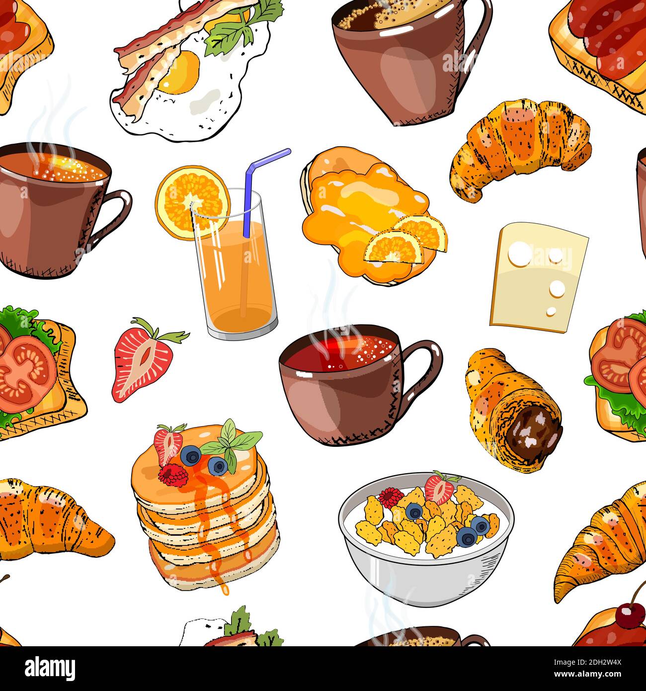 Vector seamless pattern with cups of coffee, tea, fried eggs and different food. Abstract ...