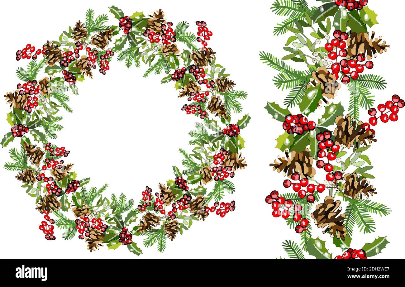 Christmas holiday decorative wreath and seamless border of tree ...