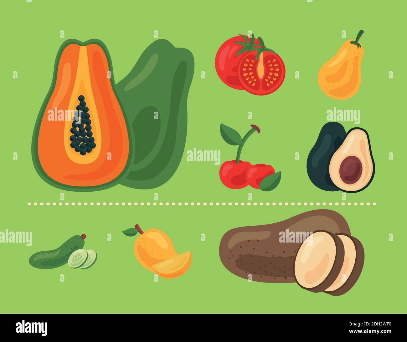 bundle of eight fresh fruits and vegetables healthy food set icons ...