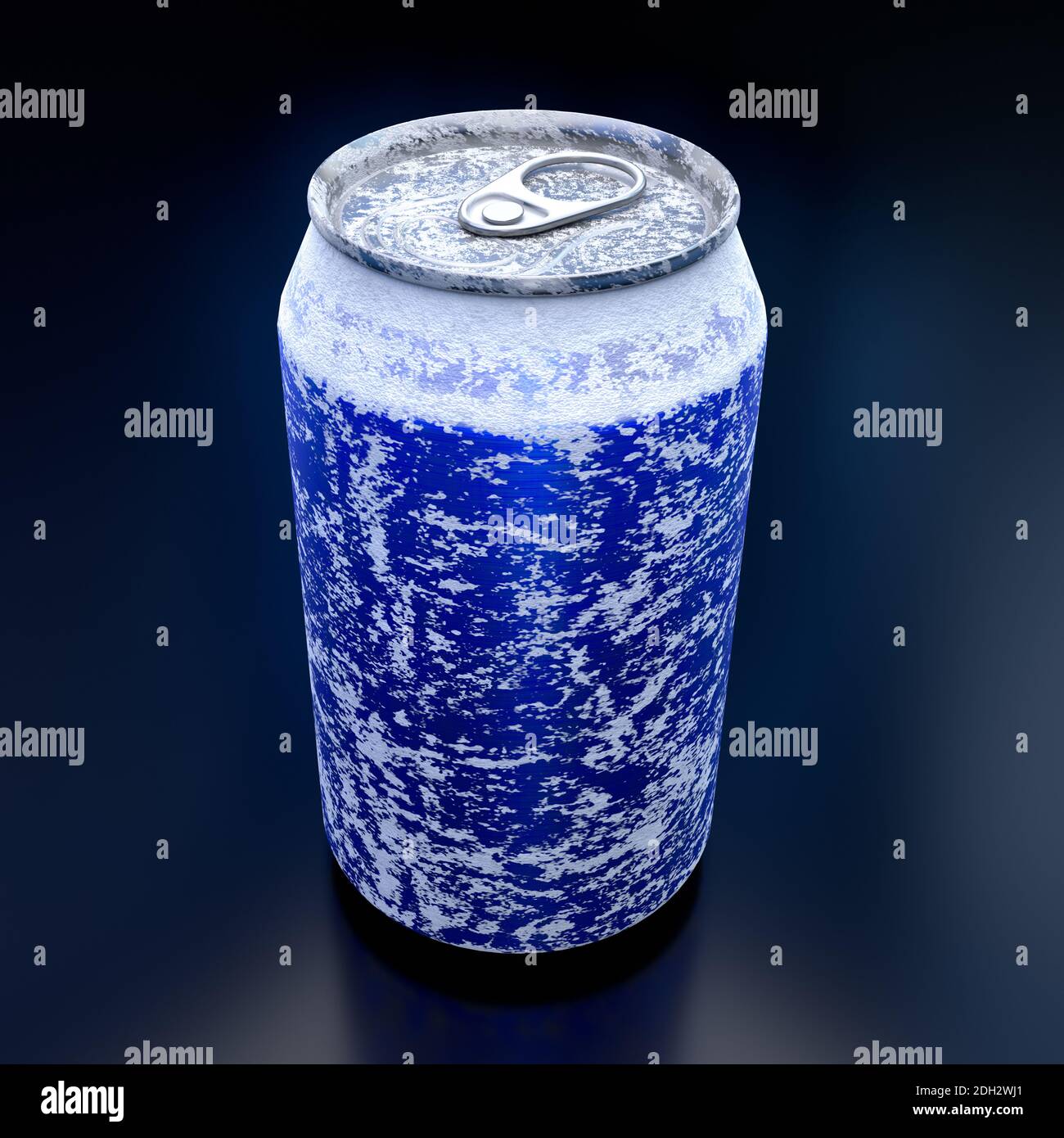 Blue frozen aluminum beer or soda can with frost isolated on black ...