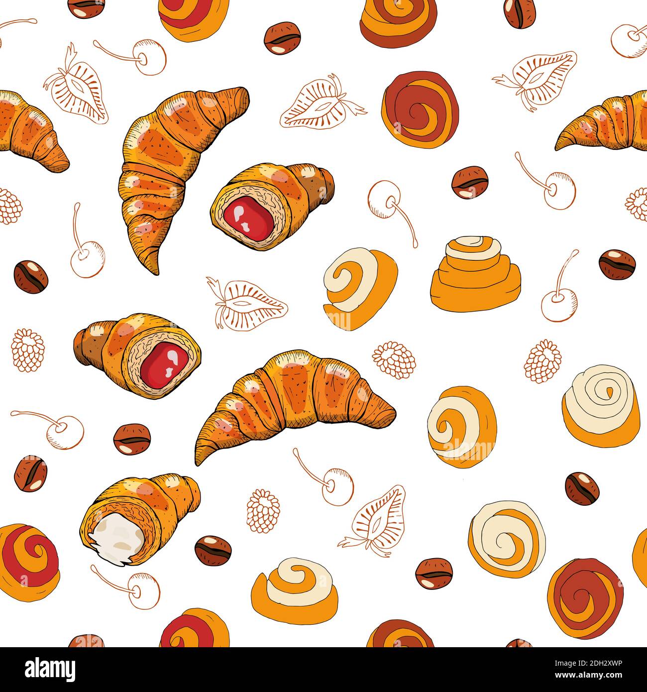 Hand drawn seamless pattern of croissants, berry and chocolate. Vector ...