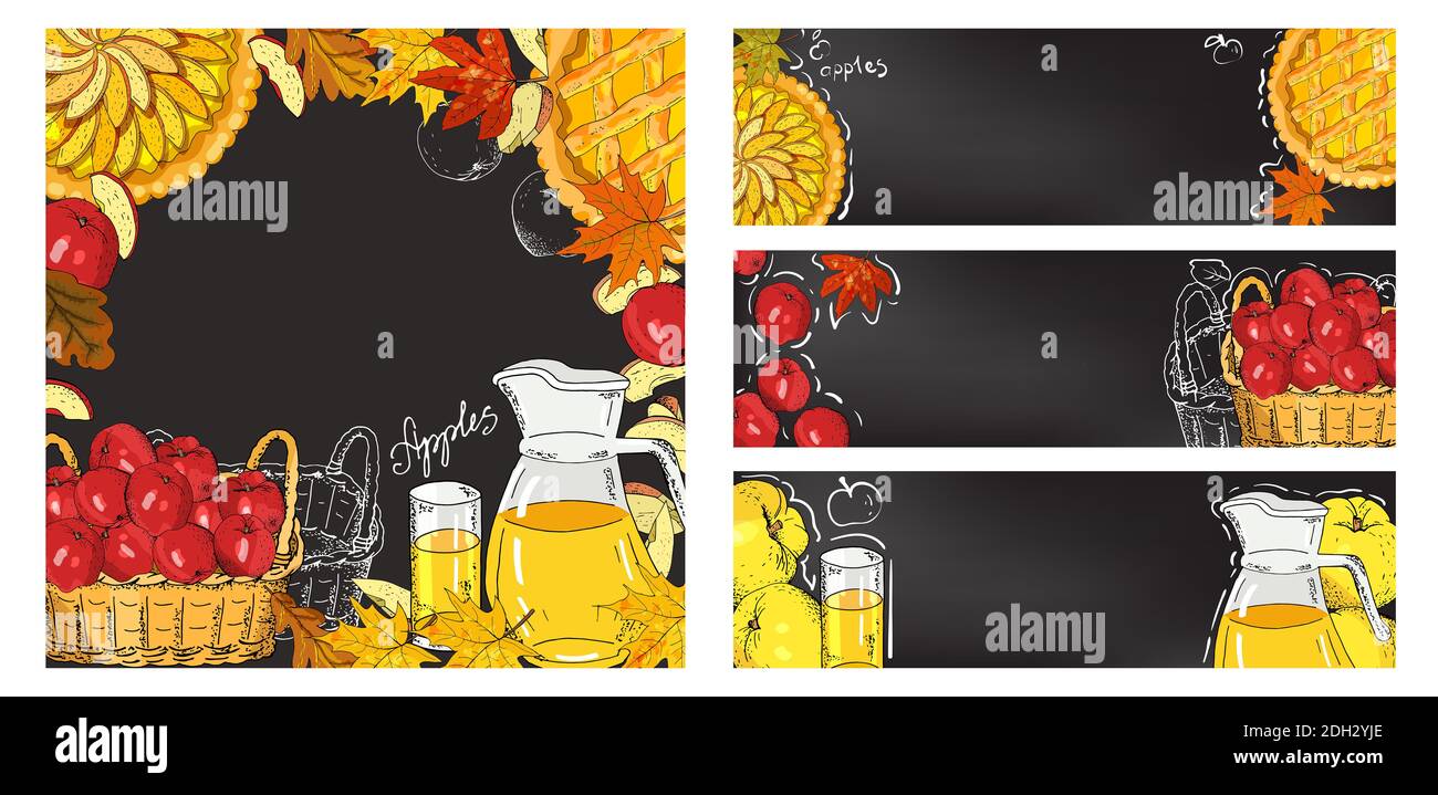 Horizontal banners with apples, apple slices, apple pies, apple juice ...