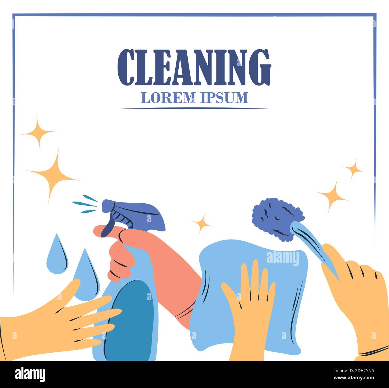 cleaning supplies hand with gloves and toilet brush spray and rag ...