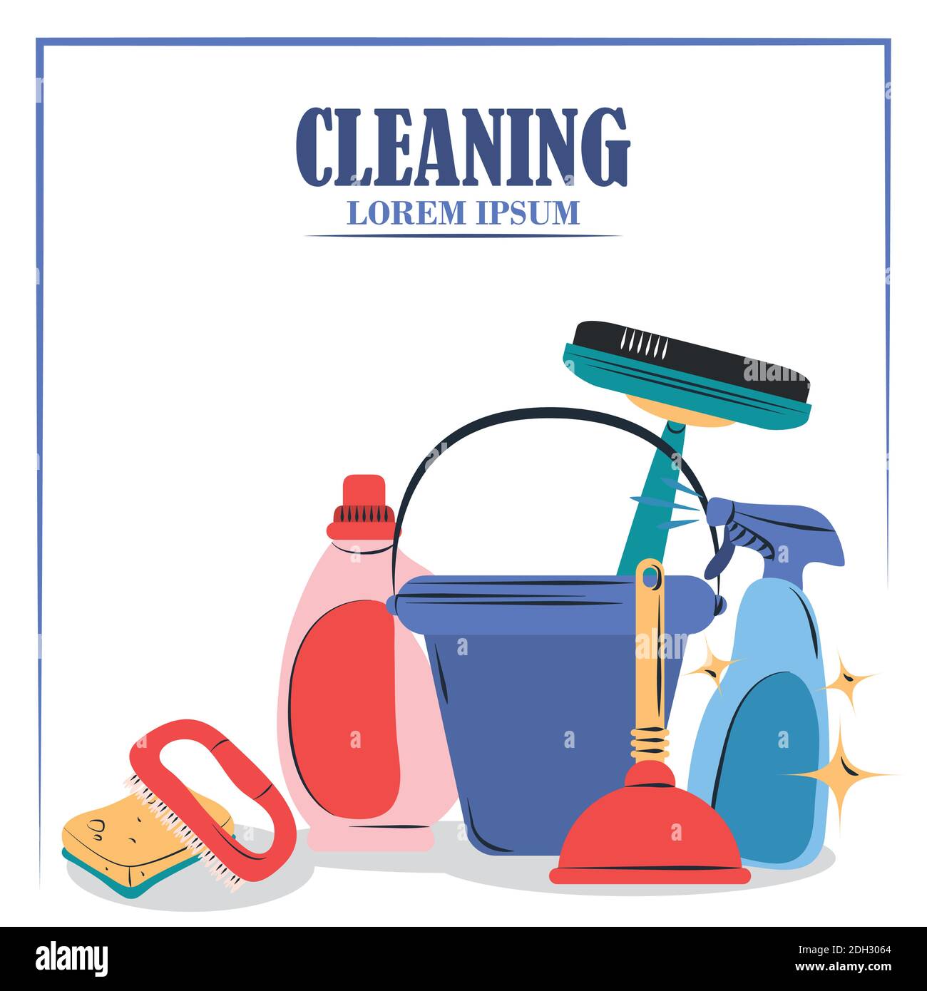 cleaning supplies bucket plunger brush spray sponge and squeegee vector ...