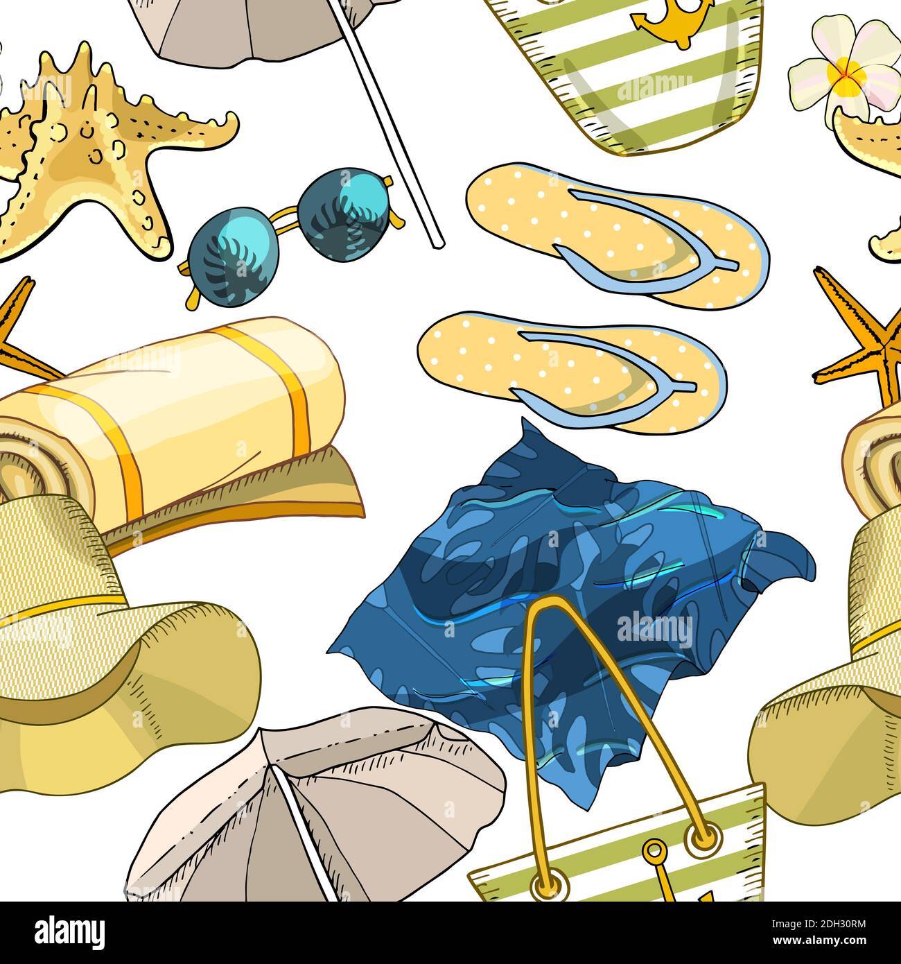 Summer beach seamless pattern. Vector hand drawn illustration Stock ...