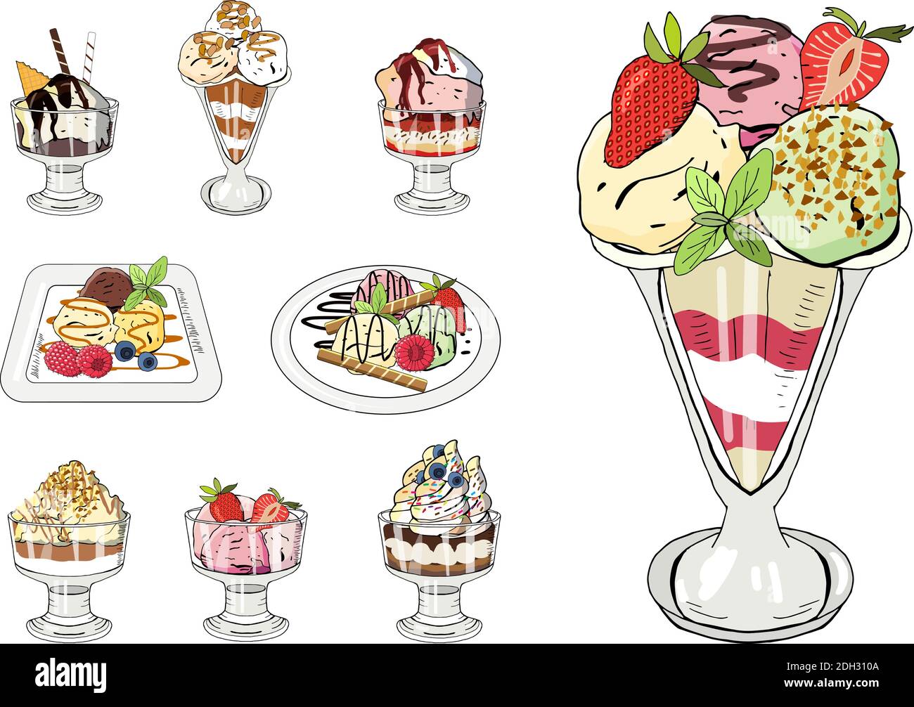 Set of ice cream in dessert bowls and saucers. Vector hand-drawn ...