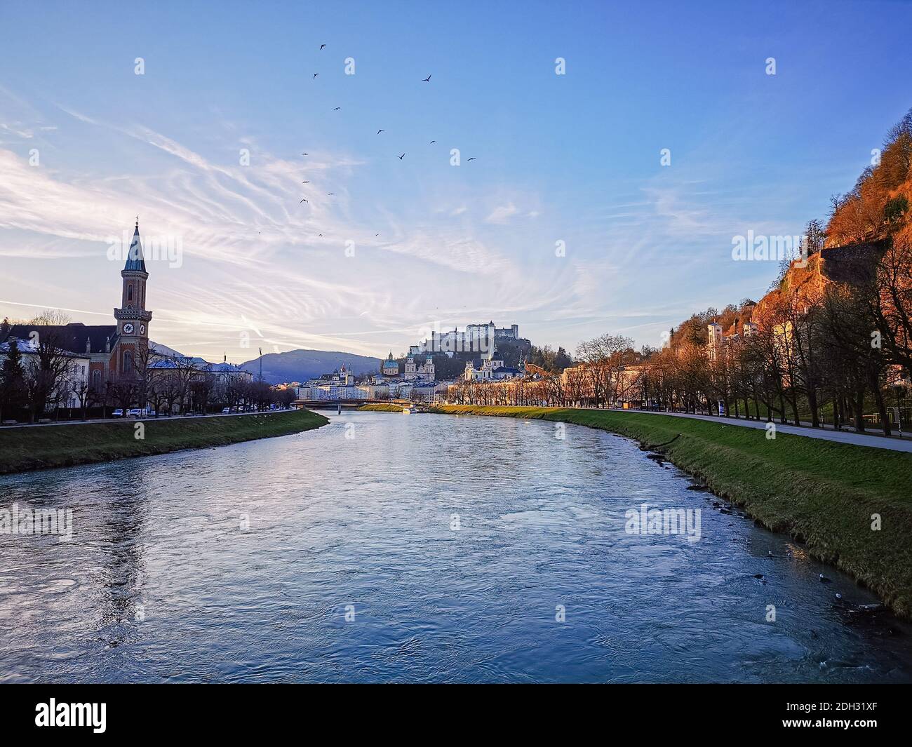 Salzburg summer time: Panoramic city landscape with Salzach, green ...
