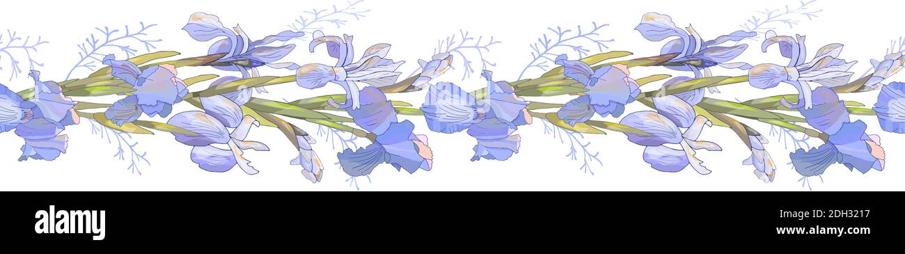 Romanticseamless border with irises. Vector hand drawn illustration for ...