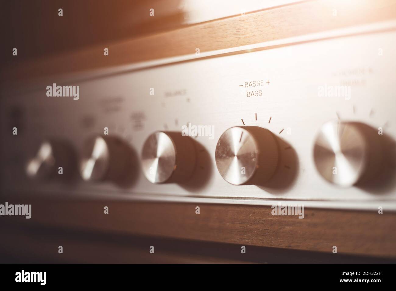 Silver wooden vintage amplifier: Close up of control knobs Stock Photo ...