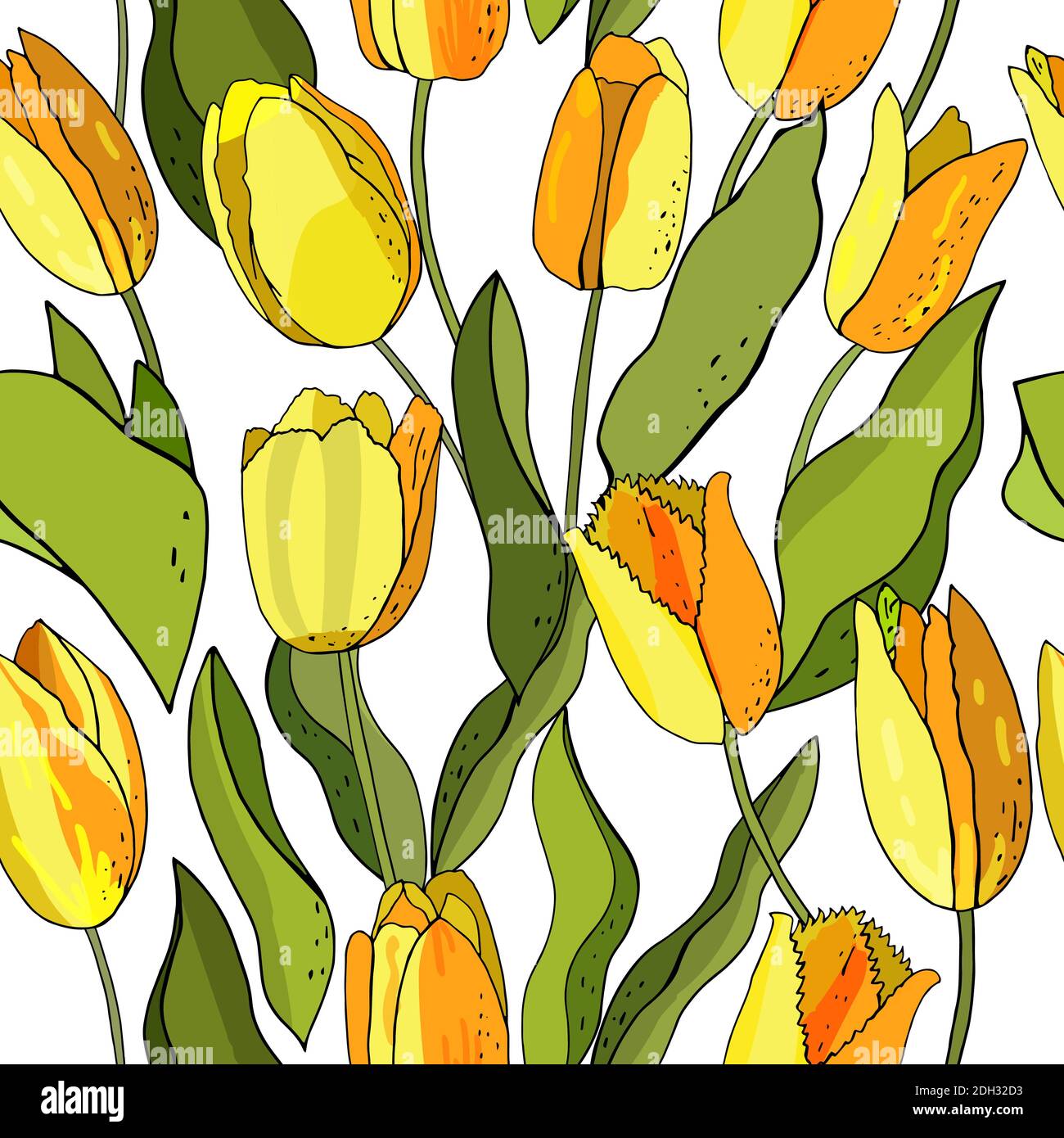 Beautiful Wild blooming tulip seamless pattern in a hand drawing style ...