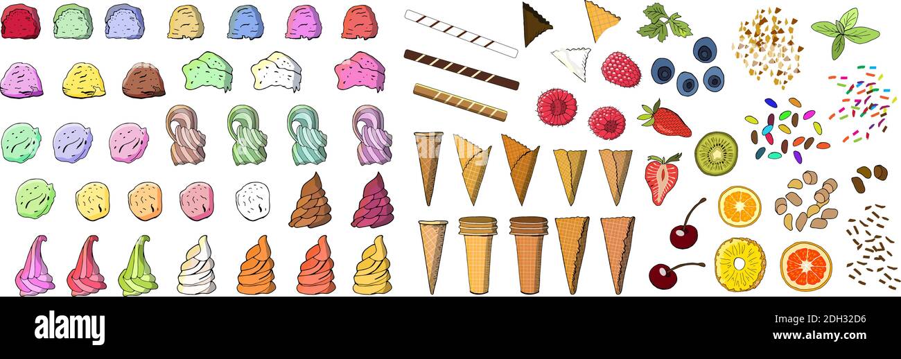 Set of ice cream elements. Vector hand-drawn illustration Stock Vector ...