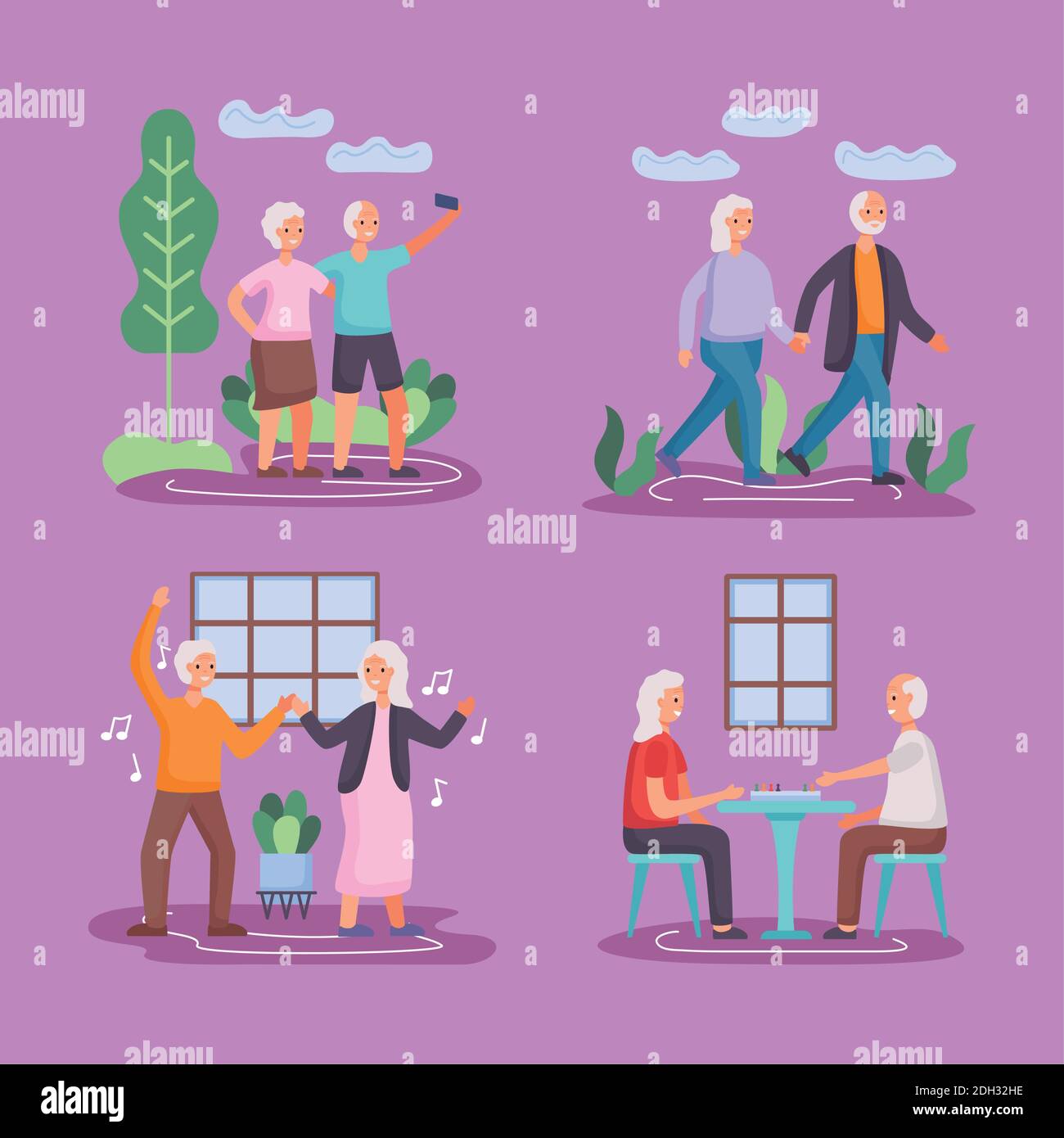 group of four active seniors couples practicing activities vector ...