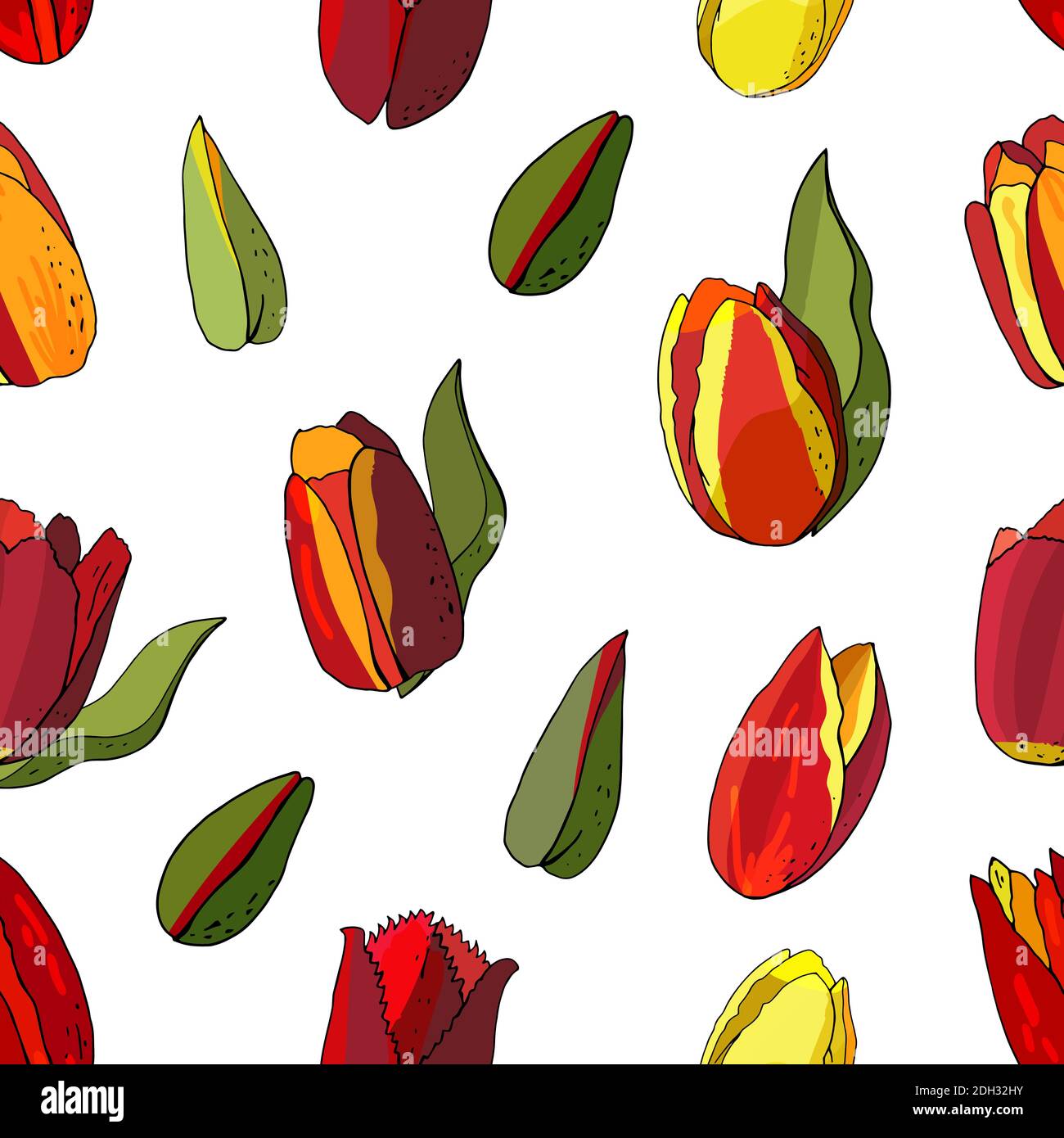 Beautiful Wild blooming tulip seamless pattern in a hand drawing style ...