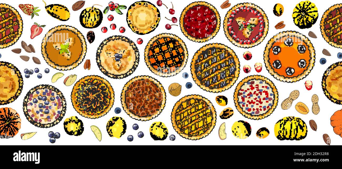Seamless pattern of pies with different toppings. Vector illustration isolated on white ...