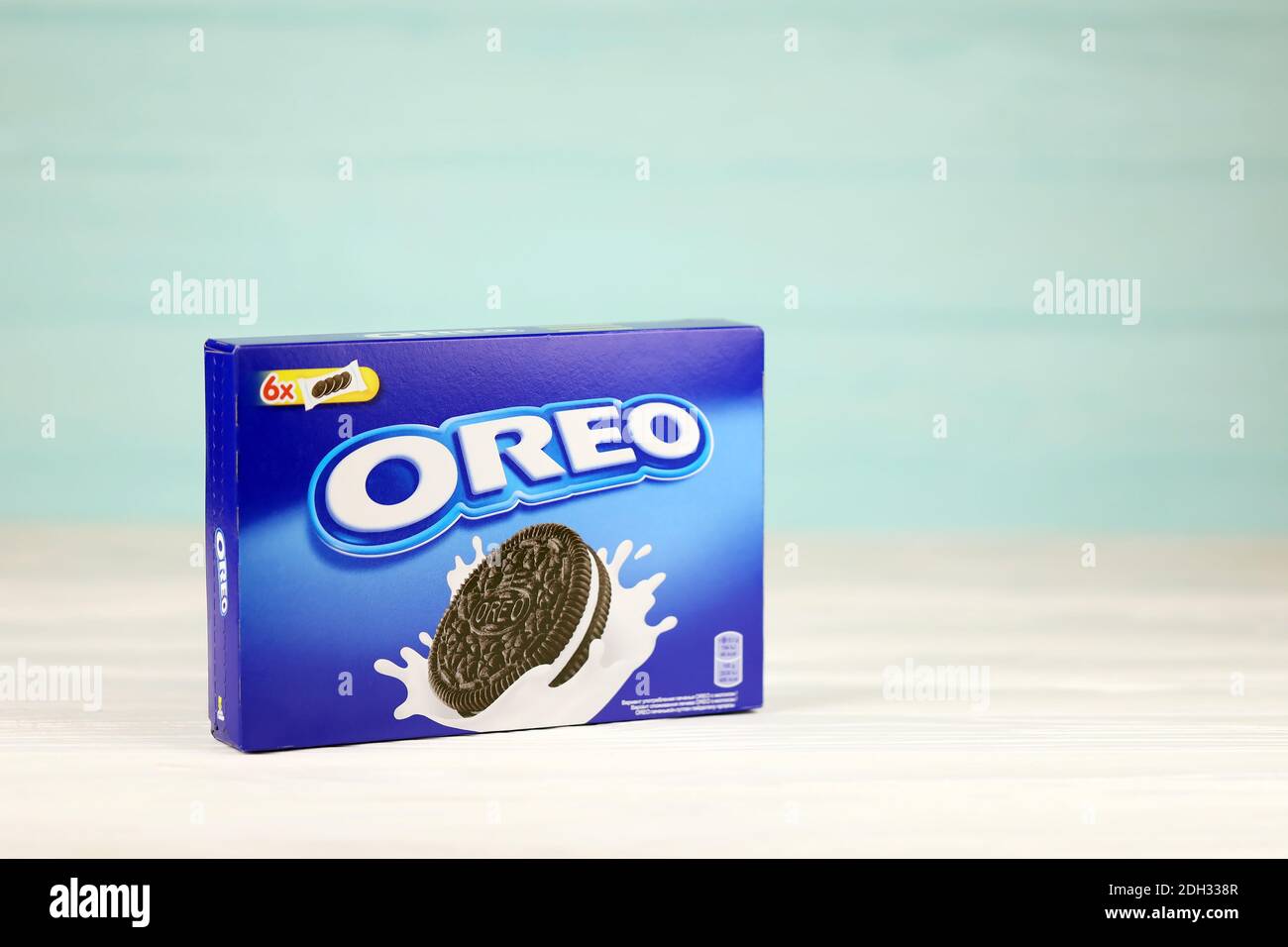 KHARKOV, UKRAINE - NOVEMBER 24, 2020: Oreo blue product box on white ...