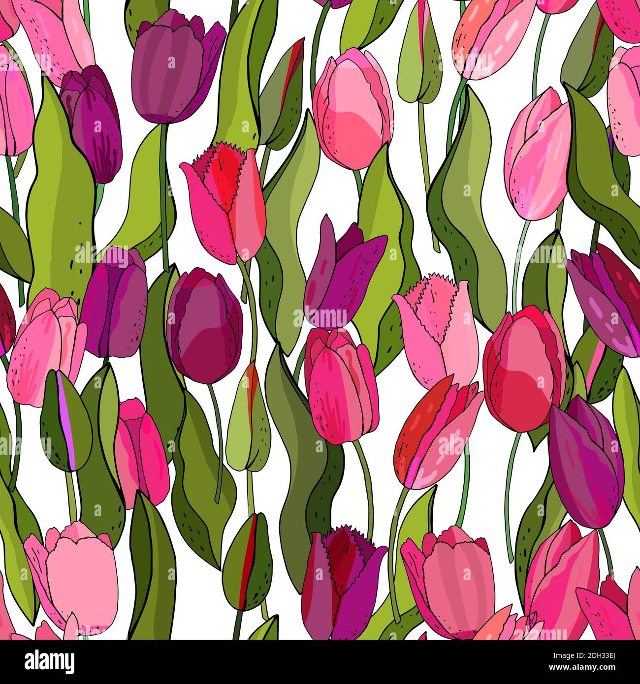 Beautiful Wild blooming tulip seamless pattern in a hand drawing style ...