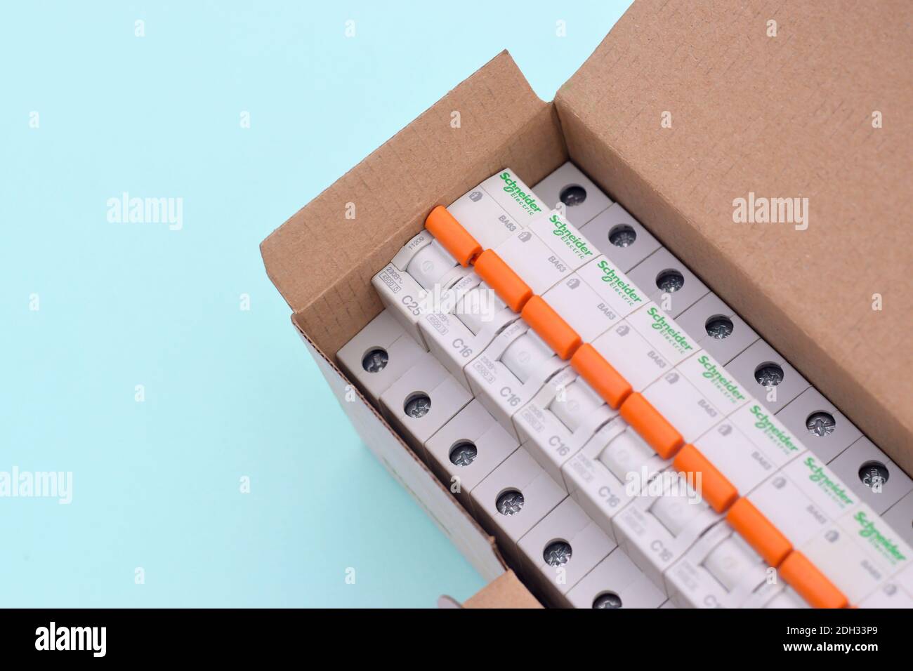 KHARKOV, UKRAINE - OCTOBER 29, 2020: Schneider electric circuit ...