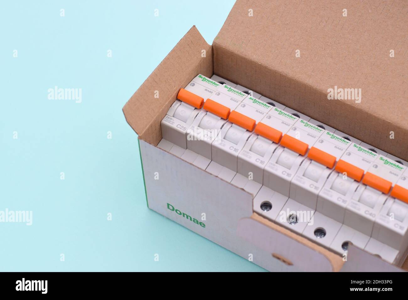 KHARKOV, UKRAINE - OCTOBER 29, 2020: Schneider electric circuit ...