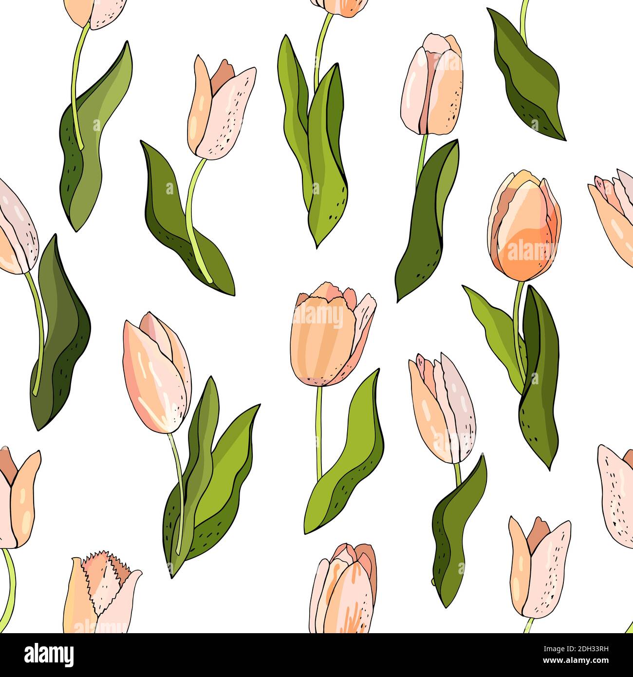 Beautiful Wild blooming tulip seamless pattern in a hand drawing style ...