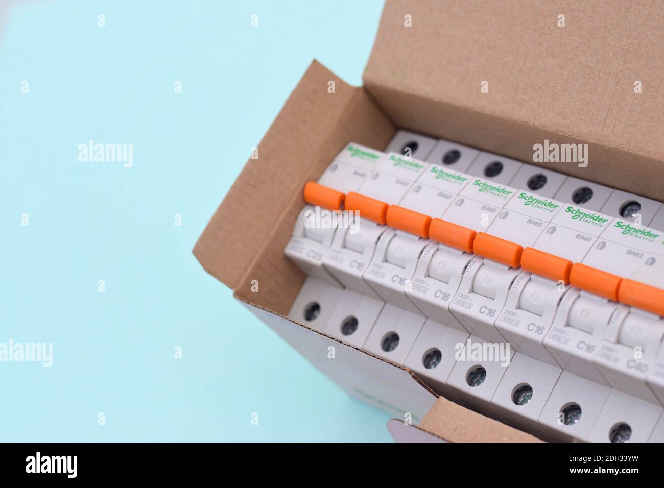 KHARKOV, UKRAINE - OCTOBER 29, 2020: Schneider electric circuit ...