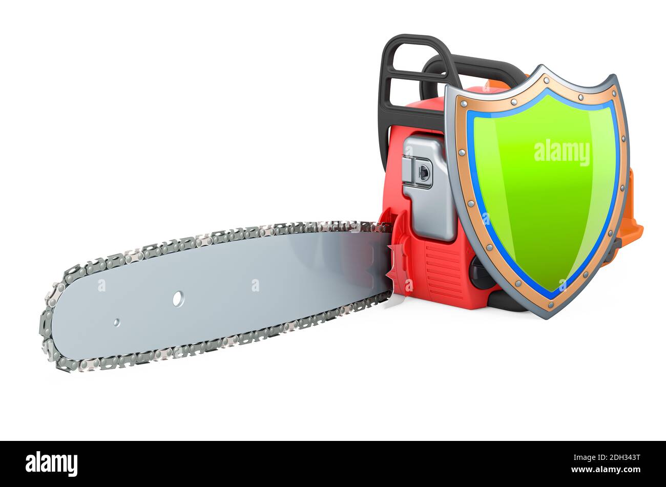 Chain saw with shield, 3D rendering isolated on white background Stock ...