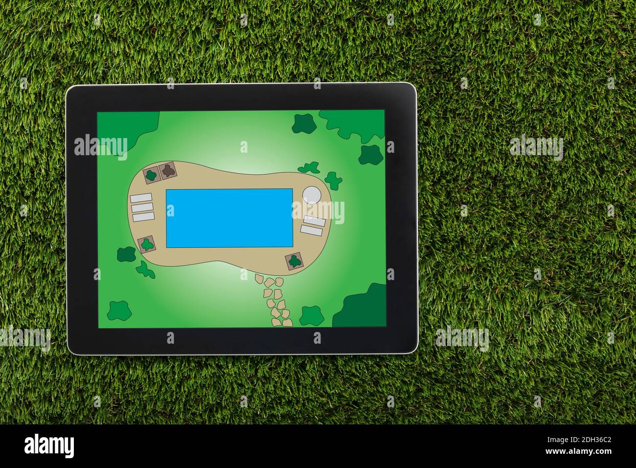 Digital map of a serene outdoor area featuring a pool and pathways on ...