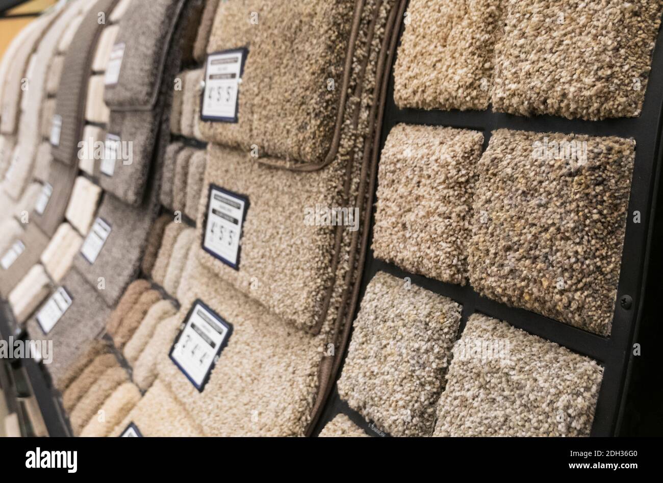 Wide selection of textured carpets displayed at interior design store ...
