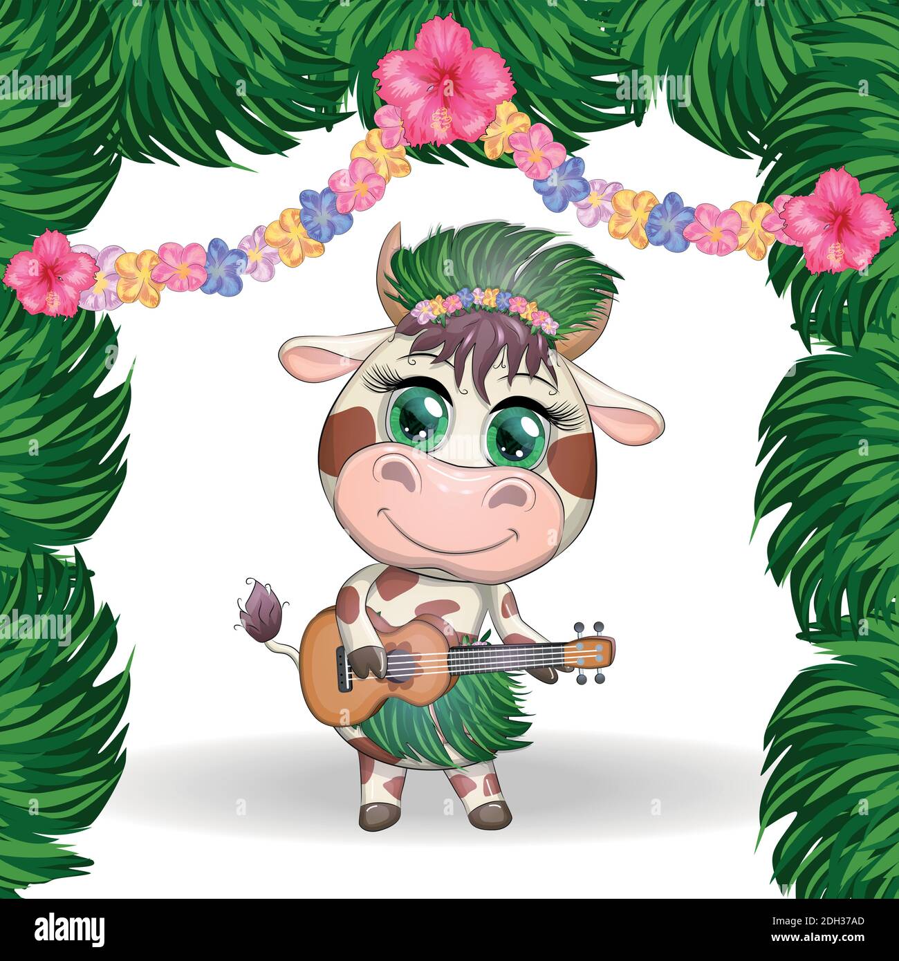Cute cartoon bull, cow with beautiful eyes, Hawaiian hula dancer ...