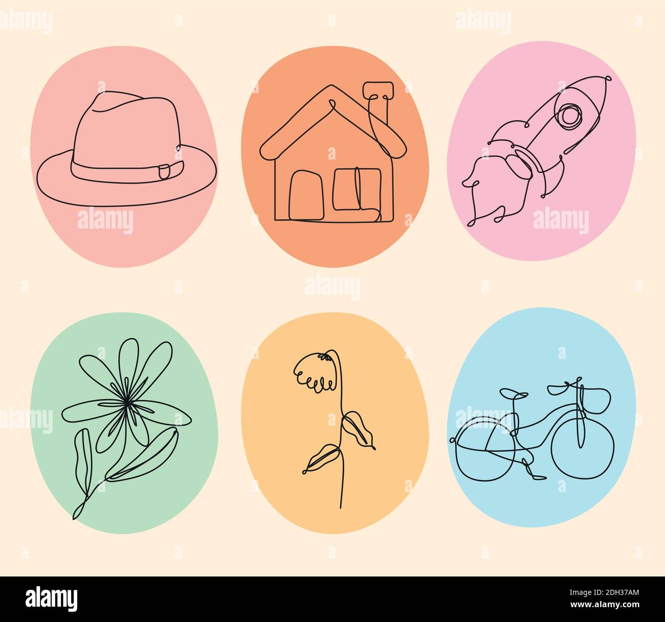bundle of six elements one line style icons vector illustration design ...