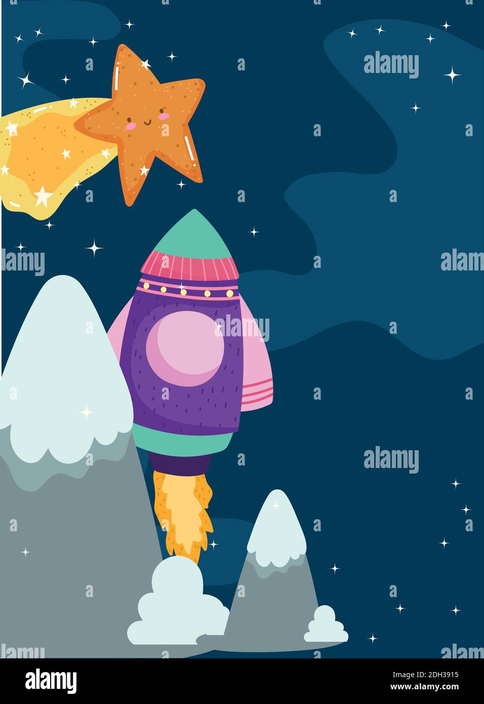 space adventure launch spaceship shooting star cute cartoon vector ...