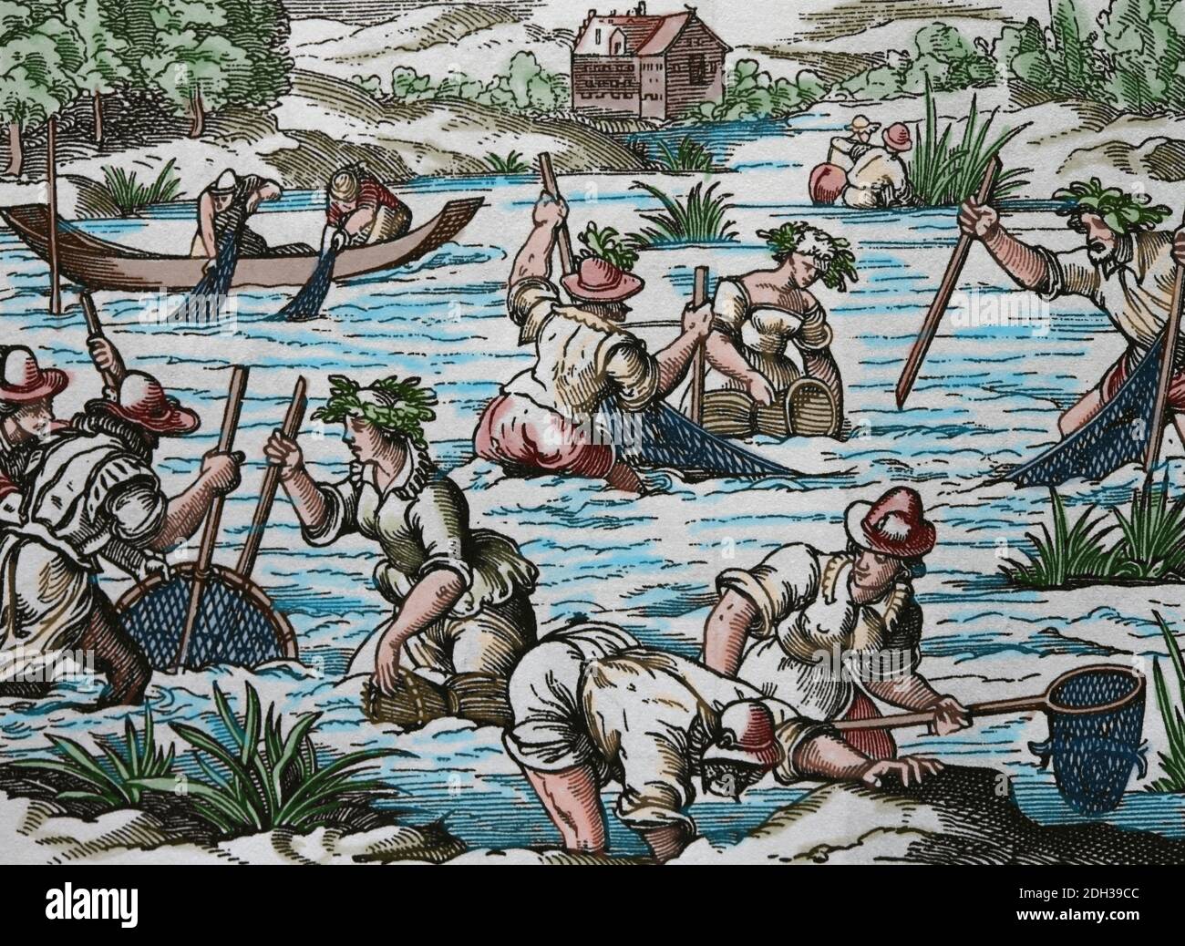 River fishing. Engraving. Modern period Stock Photo - Alamy