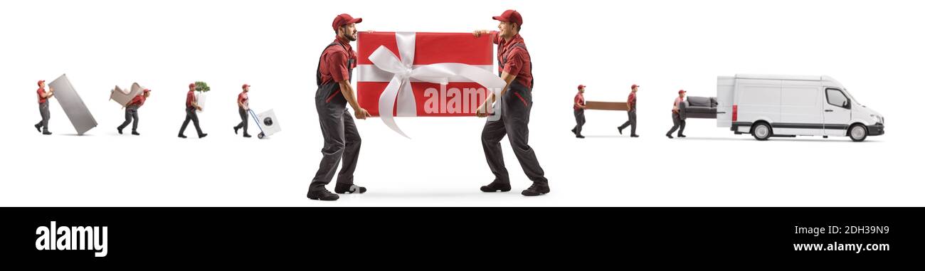 Movers carrying a big wrapped present and other workers putting items ...