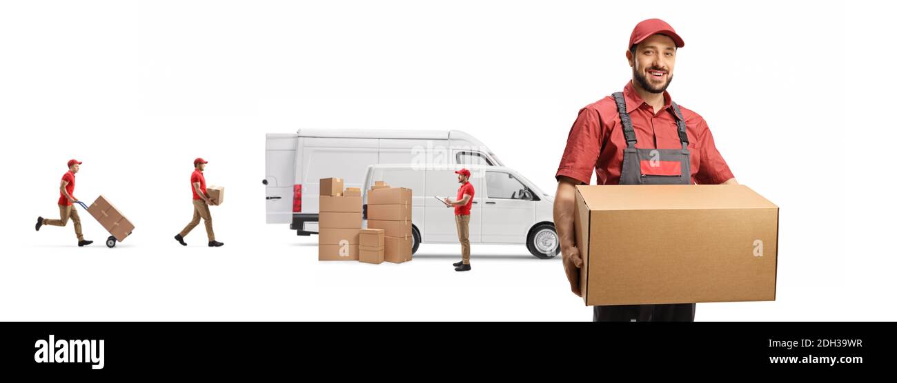 Workers loading boxes in a white van and one in the front holding a box ...