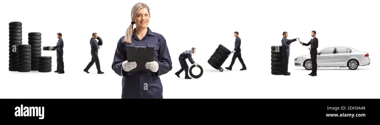 Female mechanic and workers carrying car tires isolated on white ...