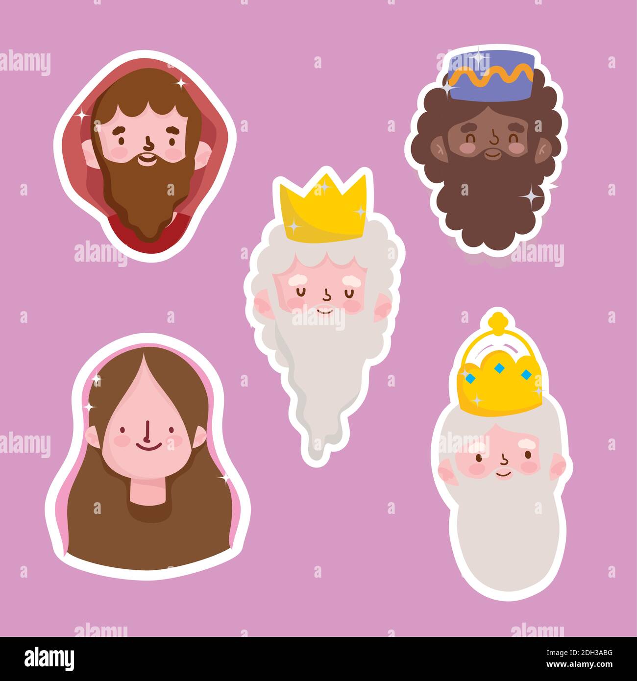 happy epiphany, joseph mary and three wise kings faces stickers vector ...