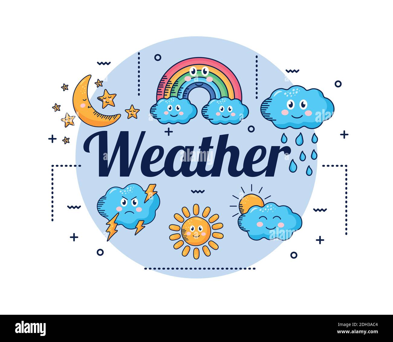 kawaii weather comic set characters and lettering vector illustration ...
