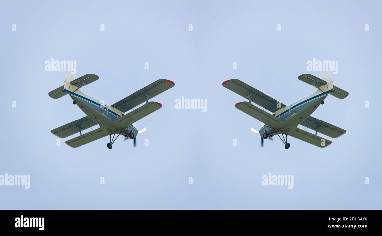 Light-engine propeller aircraft an-2 flying in the sky. View from the ...