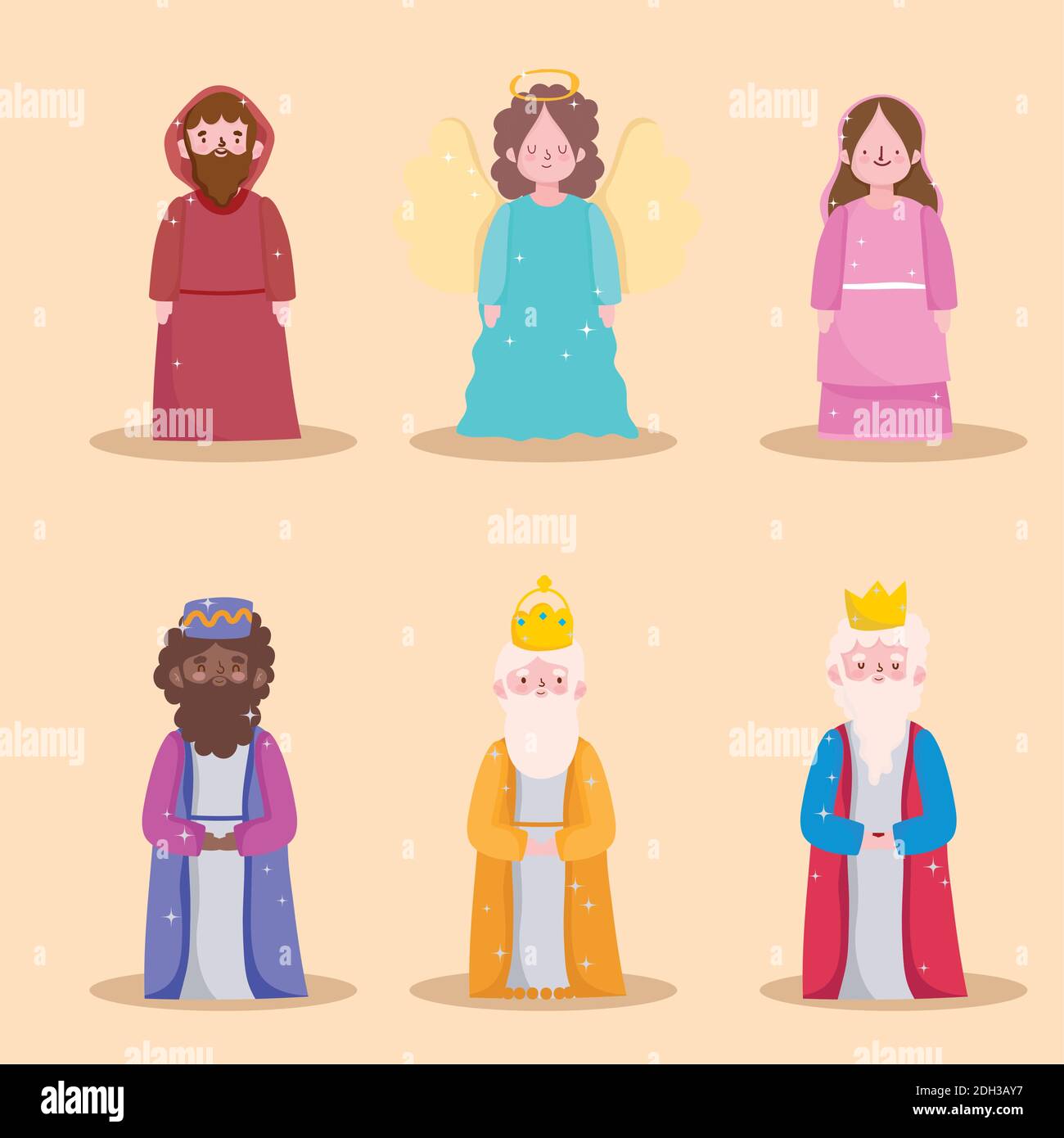 happy epiphany, three wise kings holy mary jospeh and angel vector ...