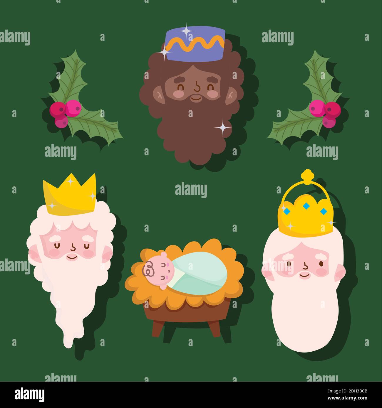 happy epiphany, three wise kings faces and baby jesus green background ...