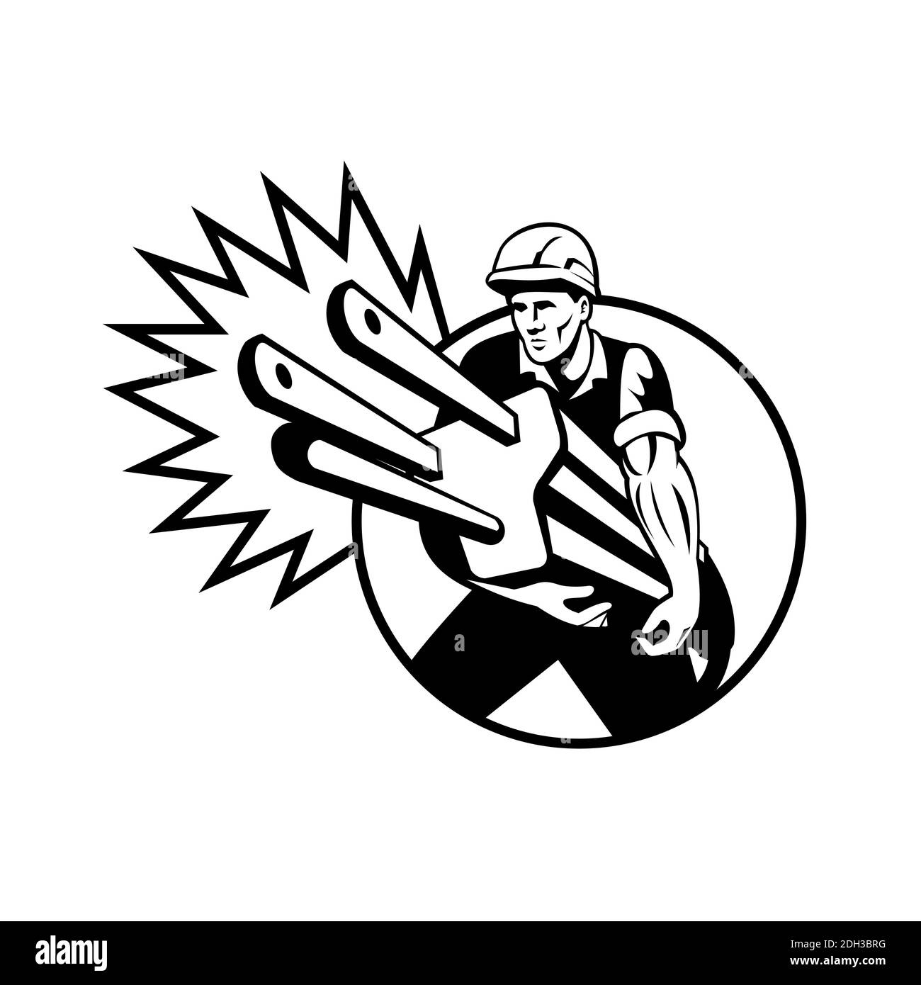 Electrician Carrying Electric Plug Front View Circle Retro Black and ...