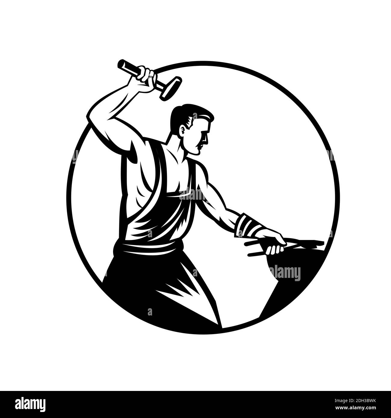 Blacksmith Foundry Worker With Hammer Striking Anvil Retro Black and ...