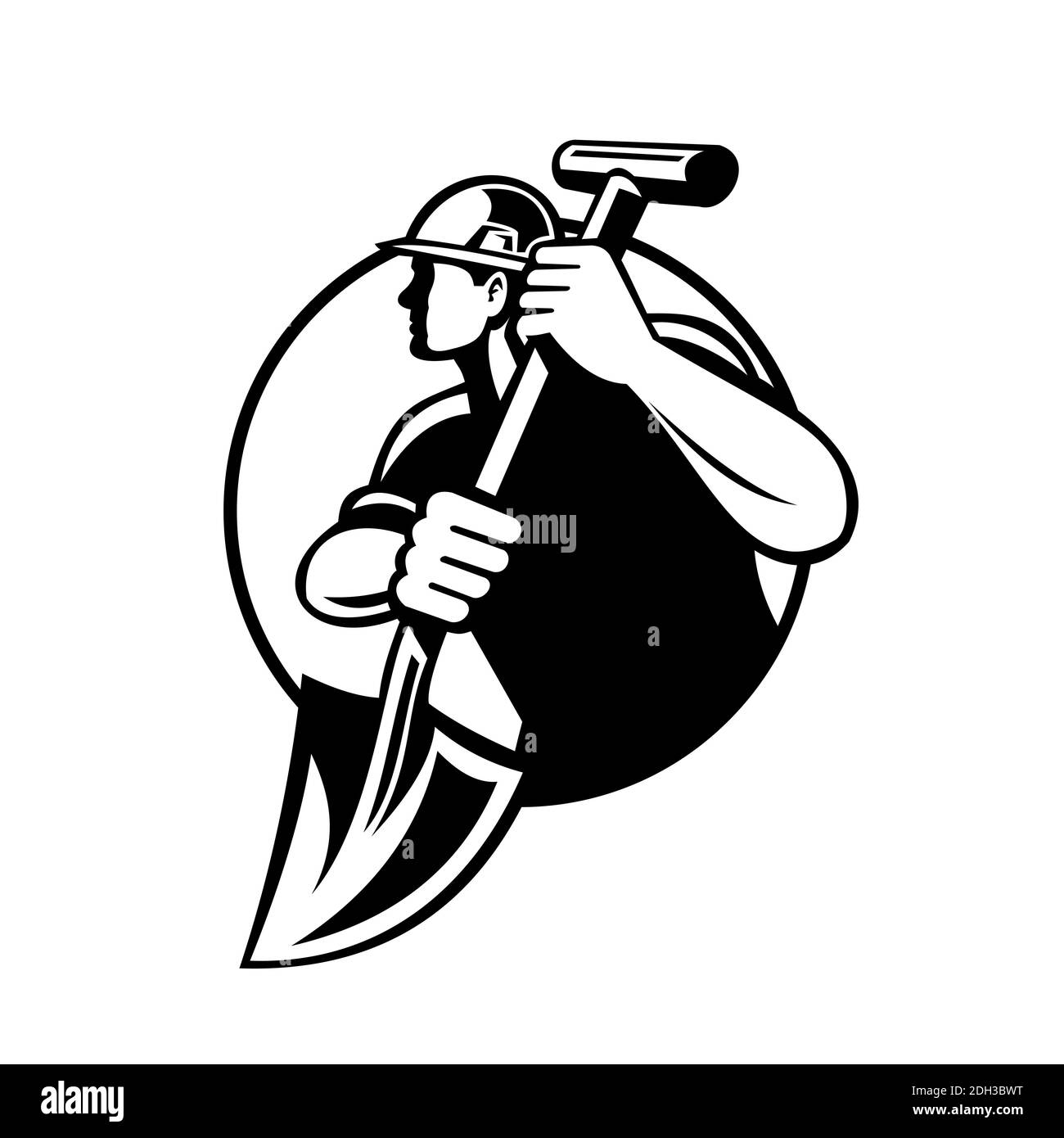 Construction Worker or Builder Holding a Spade Circle Retro Black and ...