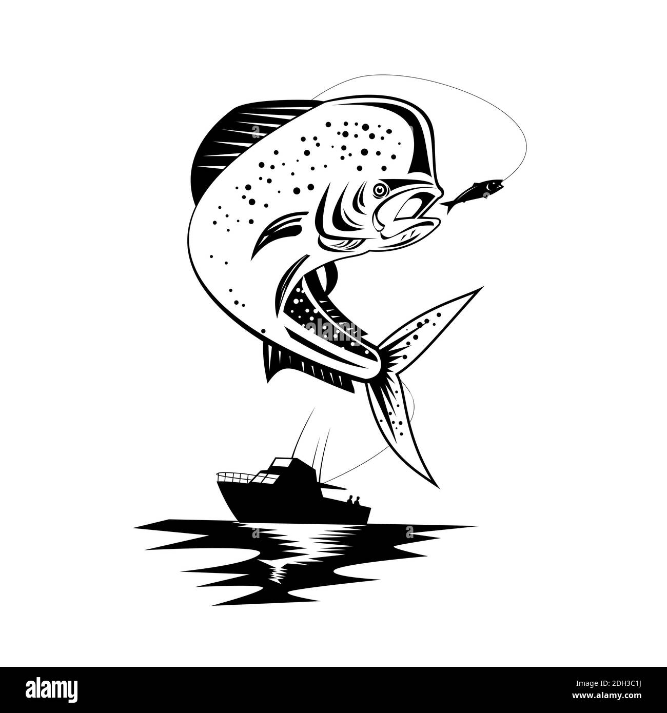 Mahi-mahi Dorado Dolphinfish Jumping Up With Fishing Boat Retro Black ...