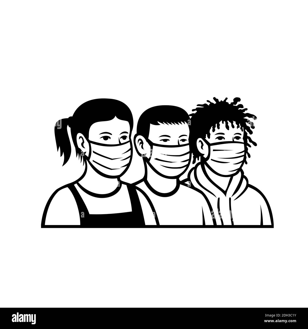 Children of Different Race and Ethnicity Wearing Face Mask Retro Black ...