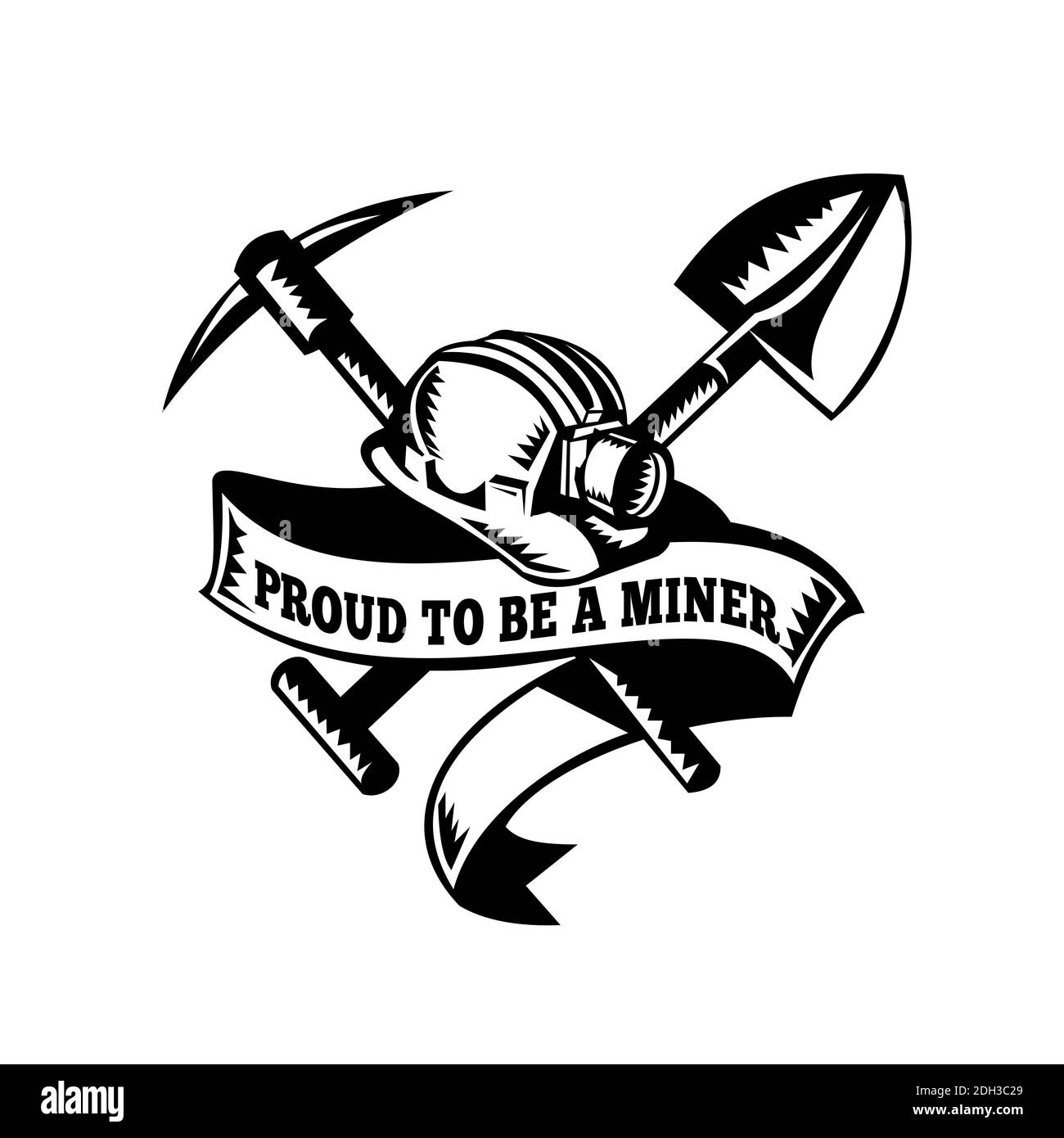 Proud to Be a Miner Hard Hat Crossed Spade and Pick Axe Woodcut Black ...