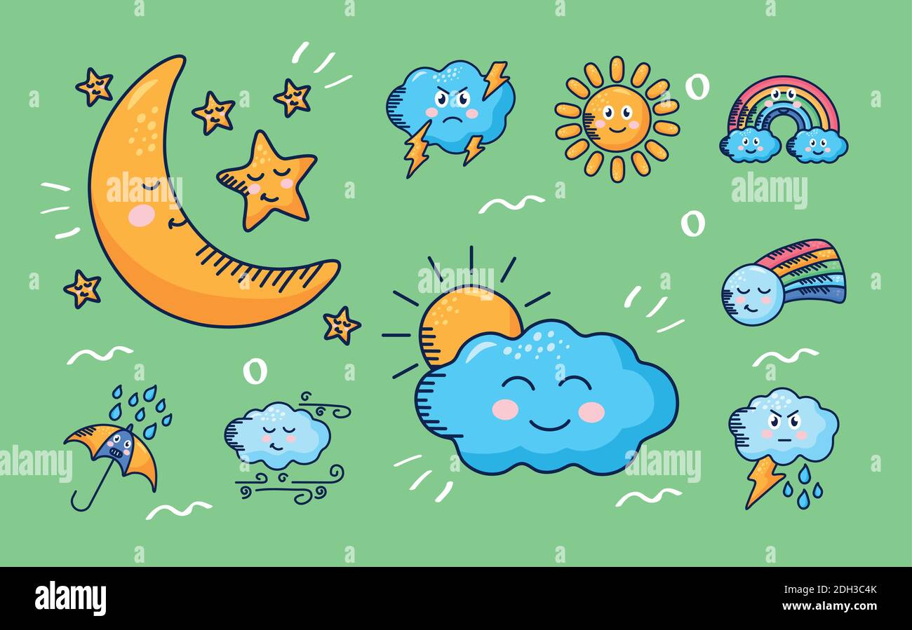 bundle of nine kawaii weather comic characters in green background ...